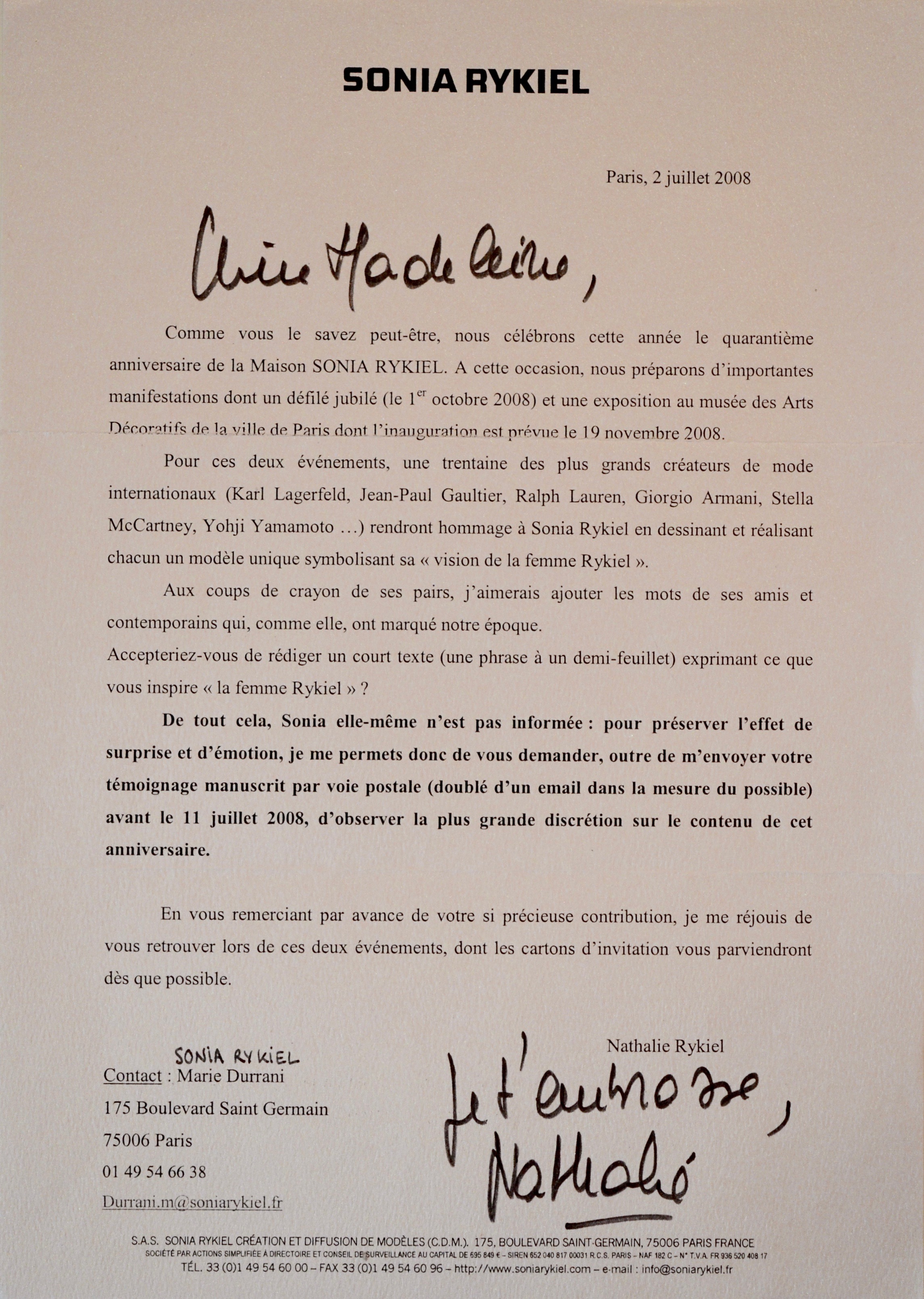 Sonia Rykiel à son amie Madeleine Chapsal – Traces Écrites