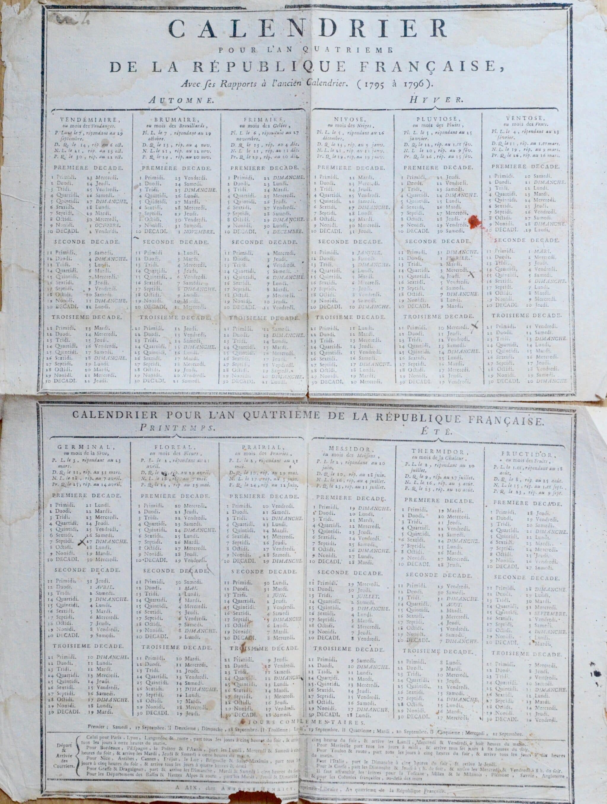 Affiche du calendrier républicain de l'an IV, avec correspondance ...
