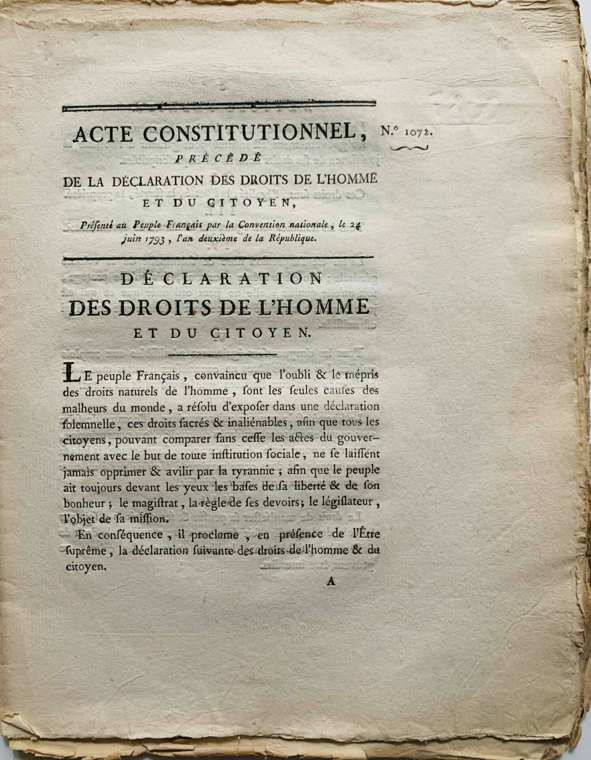 Imprimé de la Déclaration des Droits de l'homme et du citoyen avec l ...