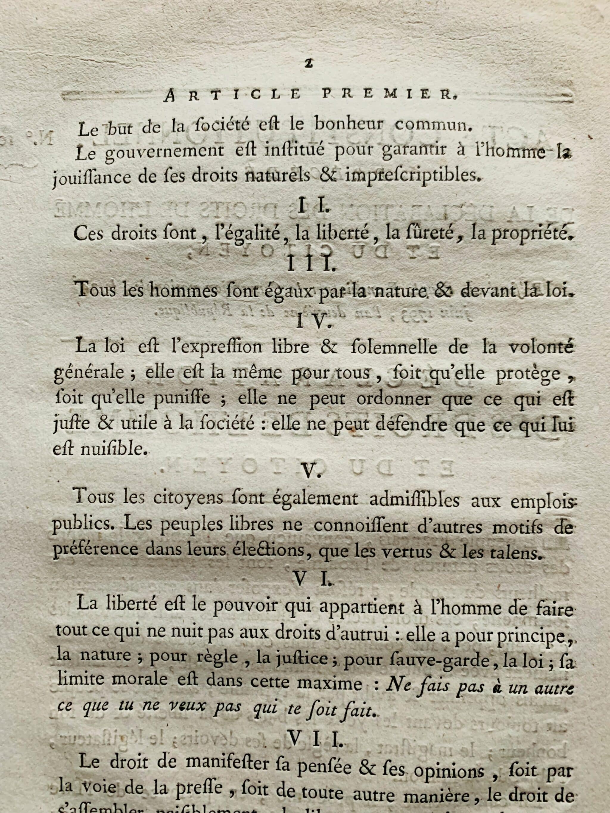 Imprimé de la Déclaration des Droits de l'homme et du citoyen avec l ...