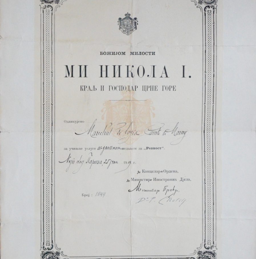 Diplôme de l'ordre de Nicolas Ier de Monténégro, décerné au comte de ...