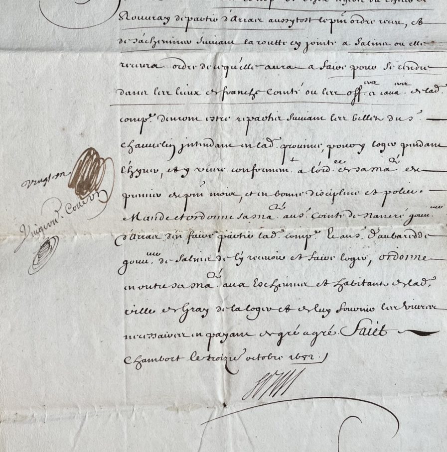 Deux lettres de Louis XIV (secrétaire) écrites du château de Chambord ...