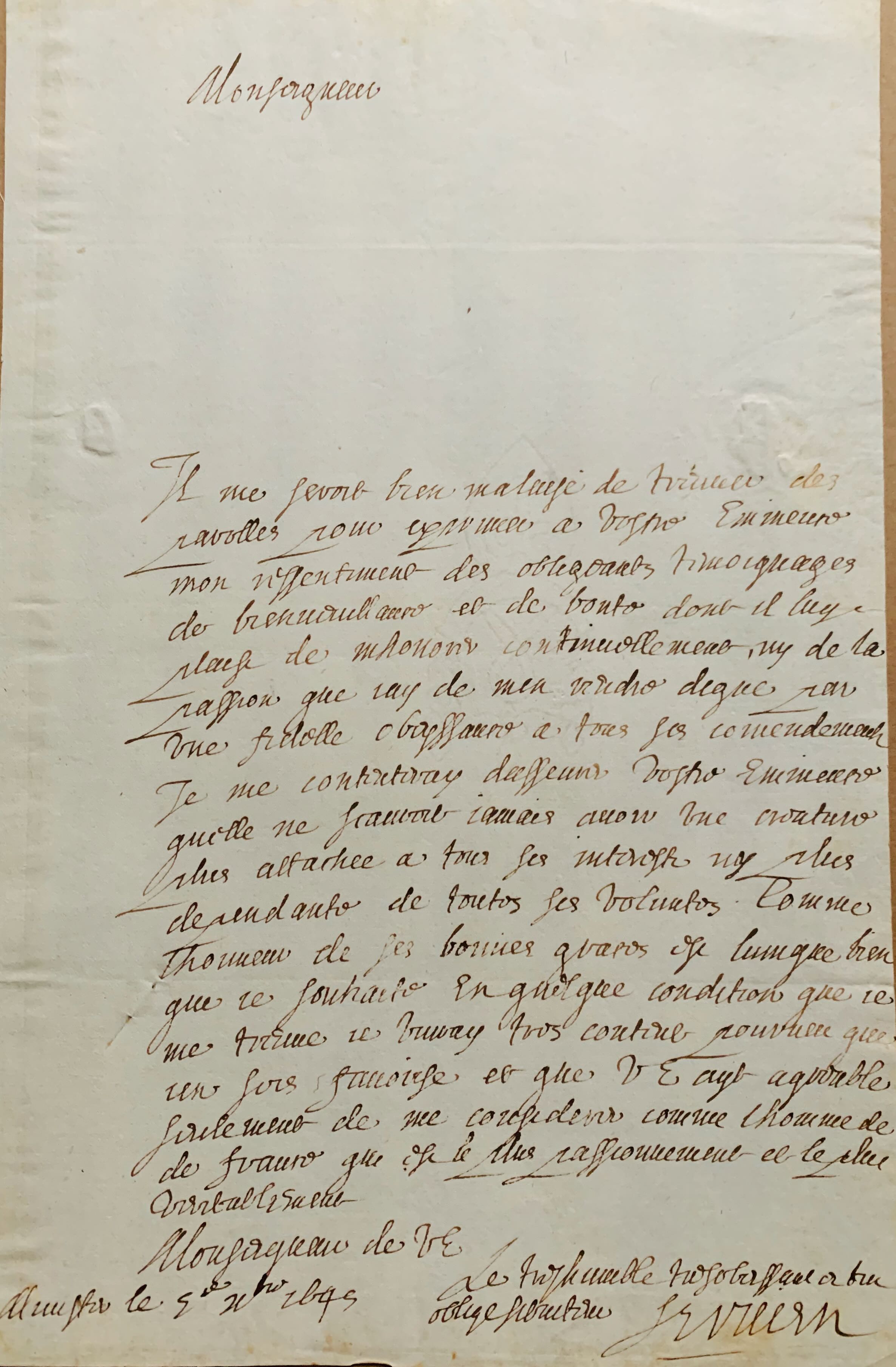Belle lettre d’Abel Servien à Mazarin écrite de Münster durant la négociation du Traité de ...
